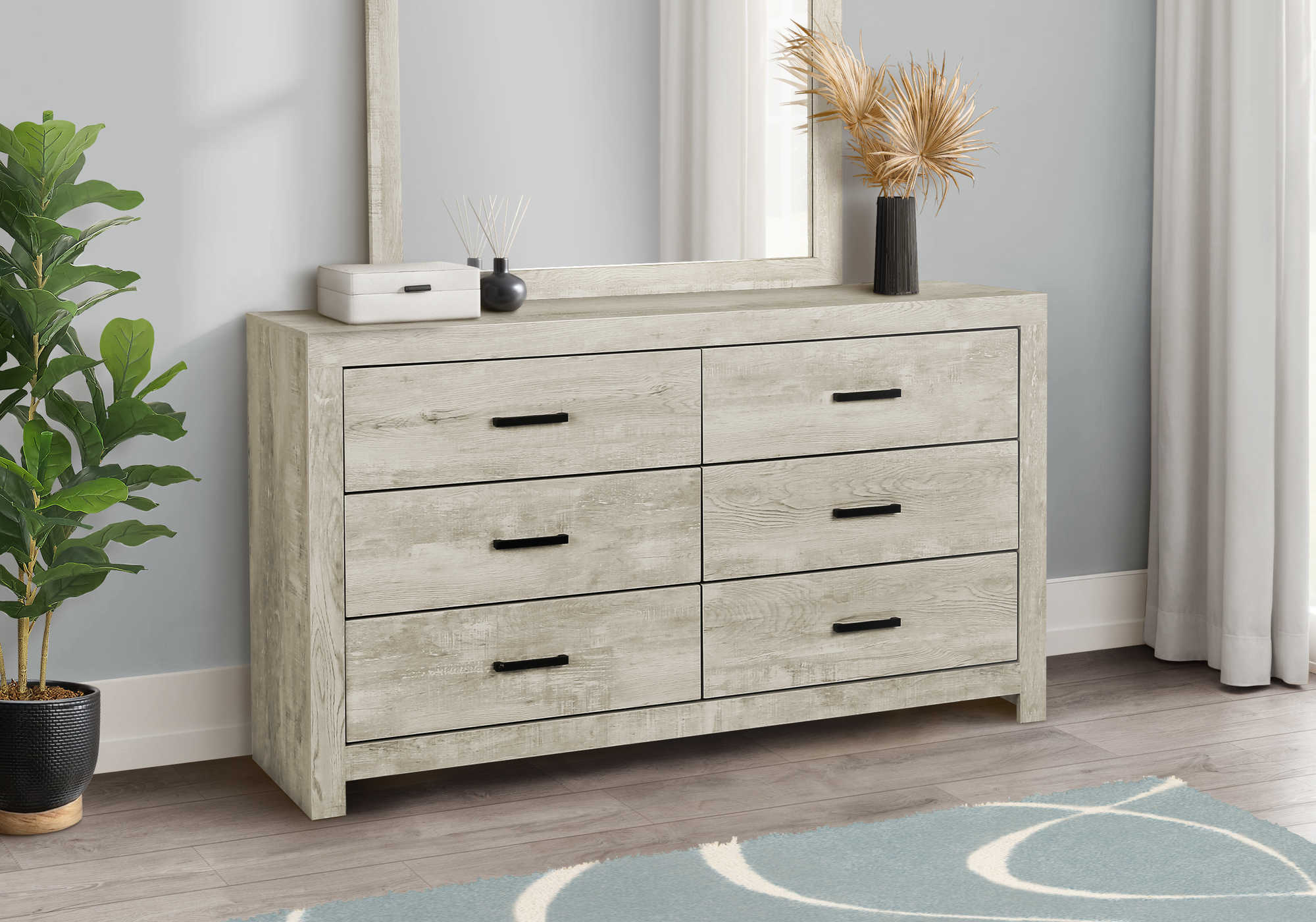 6 Drawer Dresser with Mirror, Bleached Oak Finish (I5201/I5202) Monarc