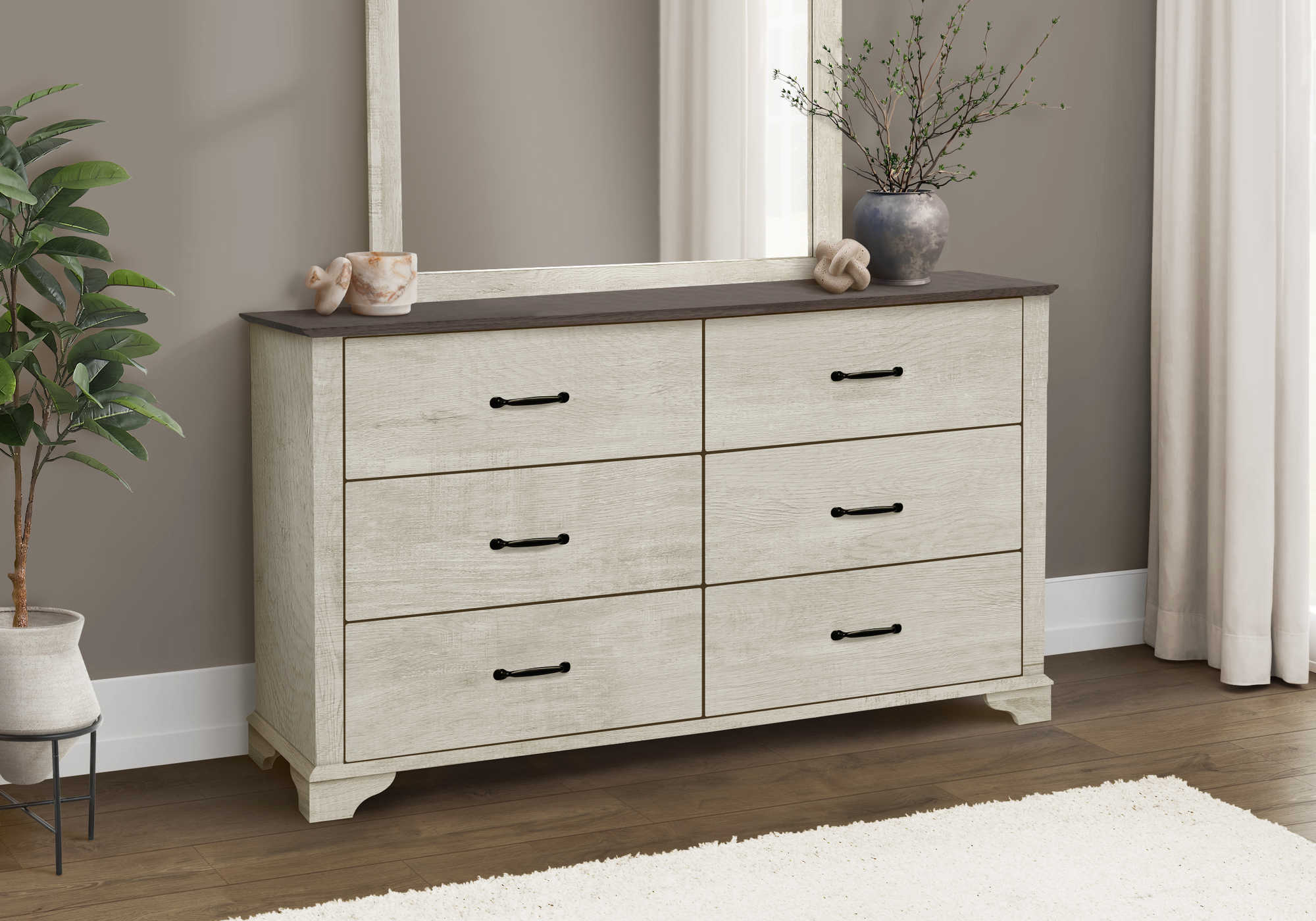 6 Drawer Dresser with Mirror- Bleached Oak Finish, Rustic Oak Top (I52